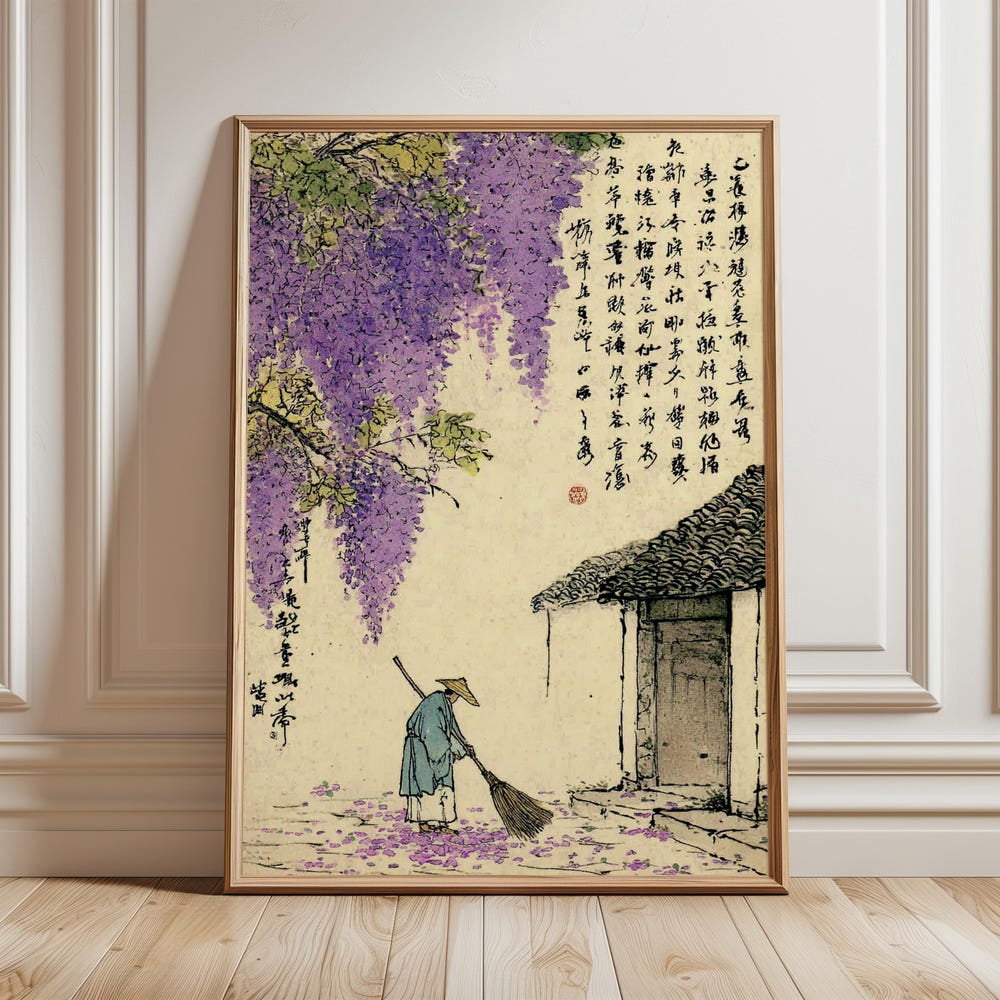 Chinese Watercolor Style Wall Art Scholar Sweeping Wisteria Blossoms ...