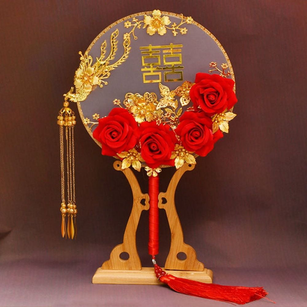Chinese Wedding Retro Round Fans,Golden Alloy Dragon and Phoenix ...