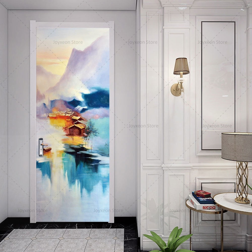 Chinese Wind Door Stickers Watercolor Rendering Poster Matte Surface ...