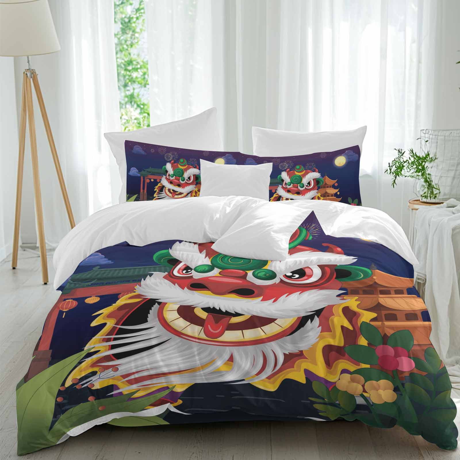 Chinese Wind Lion Dance Queen Size Bed Set,New Year Painting Bedding ...