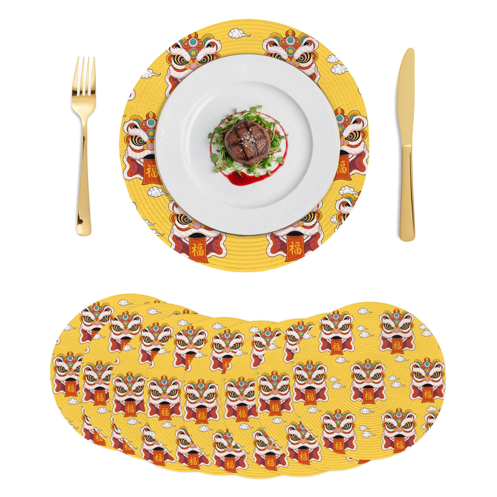 Chinese Wind Round Placemats Set of 8 New Year Painting Lion Dance ...
