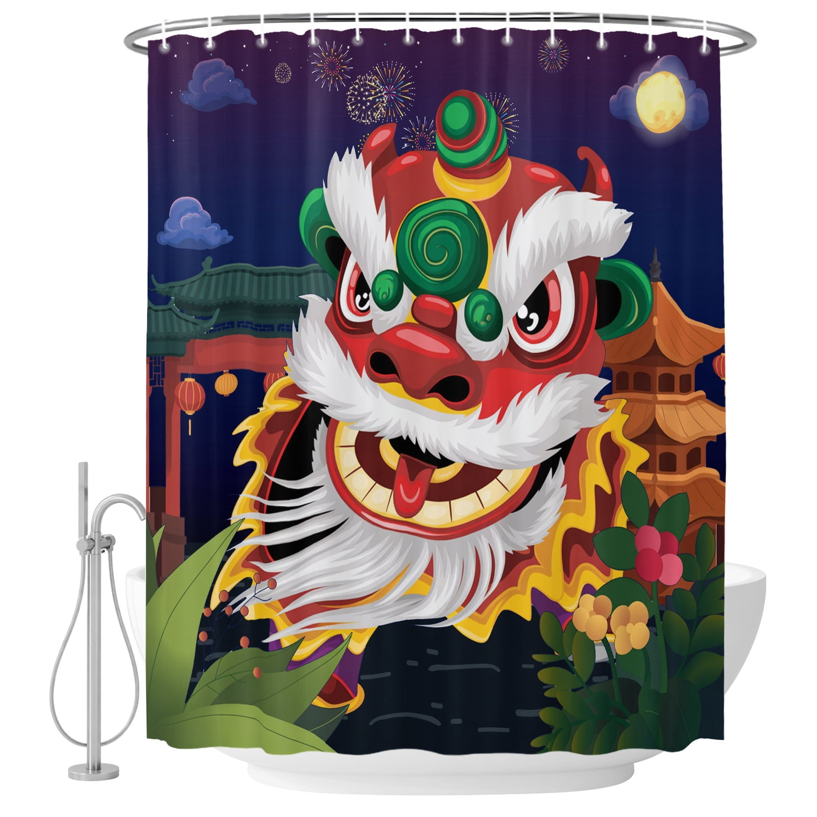 Chinese Wind Shower Curtain for Bathroom, New Year Painting Lion Dance ...