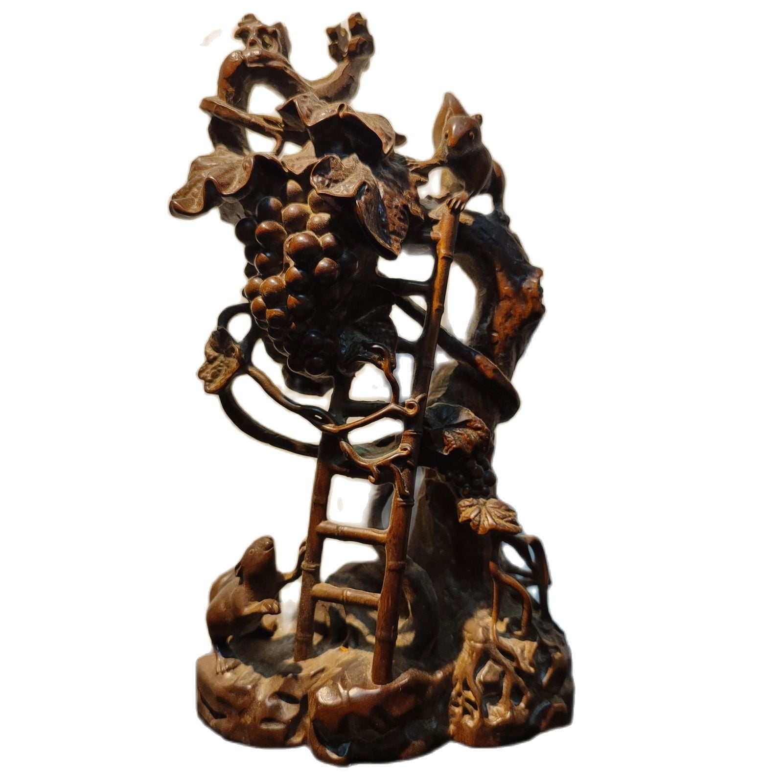 Chinese Wooden Stand Squirrel Grape Trellis Statue Decor Wood Carving ...