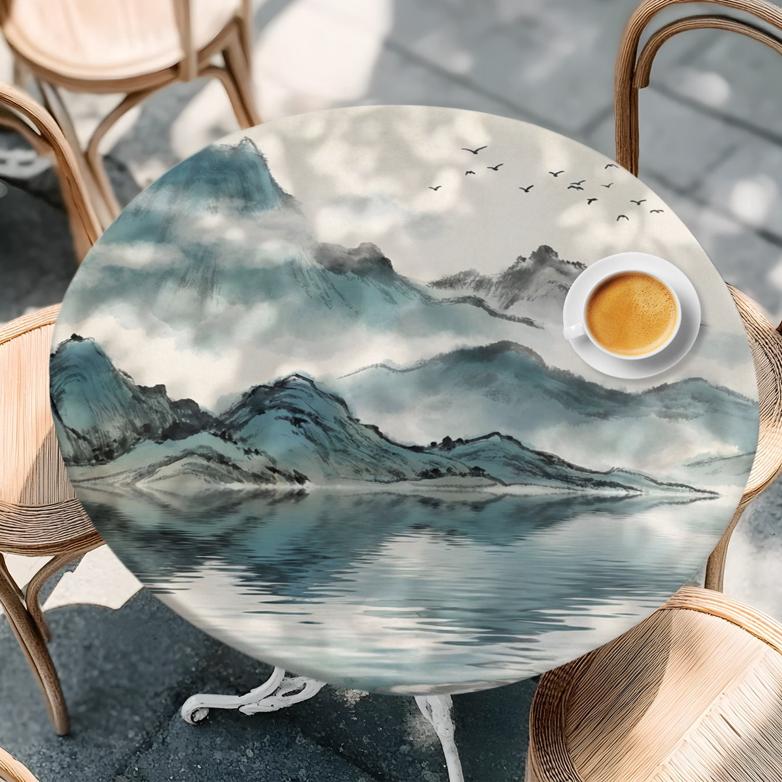 Chinese Zen Landscape Ombre Round Fitted Tablecloth with Elastic Edge ...