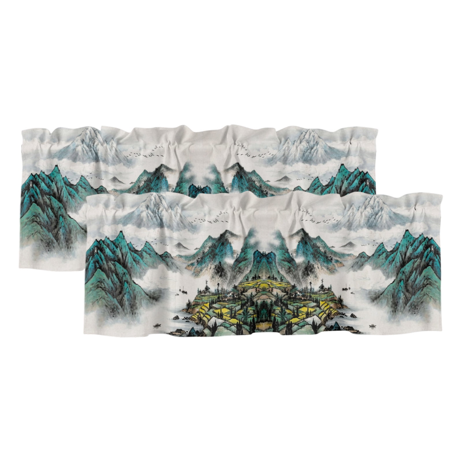 Chinese Zen Scenery 2 Panels Kitchen Valance, Ink Painting Mountain ...