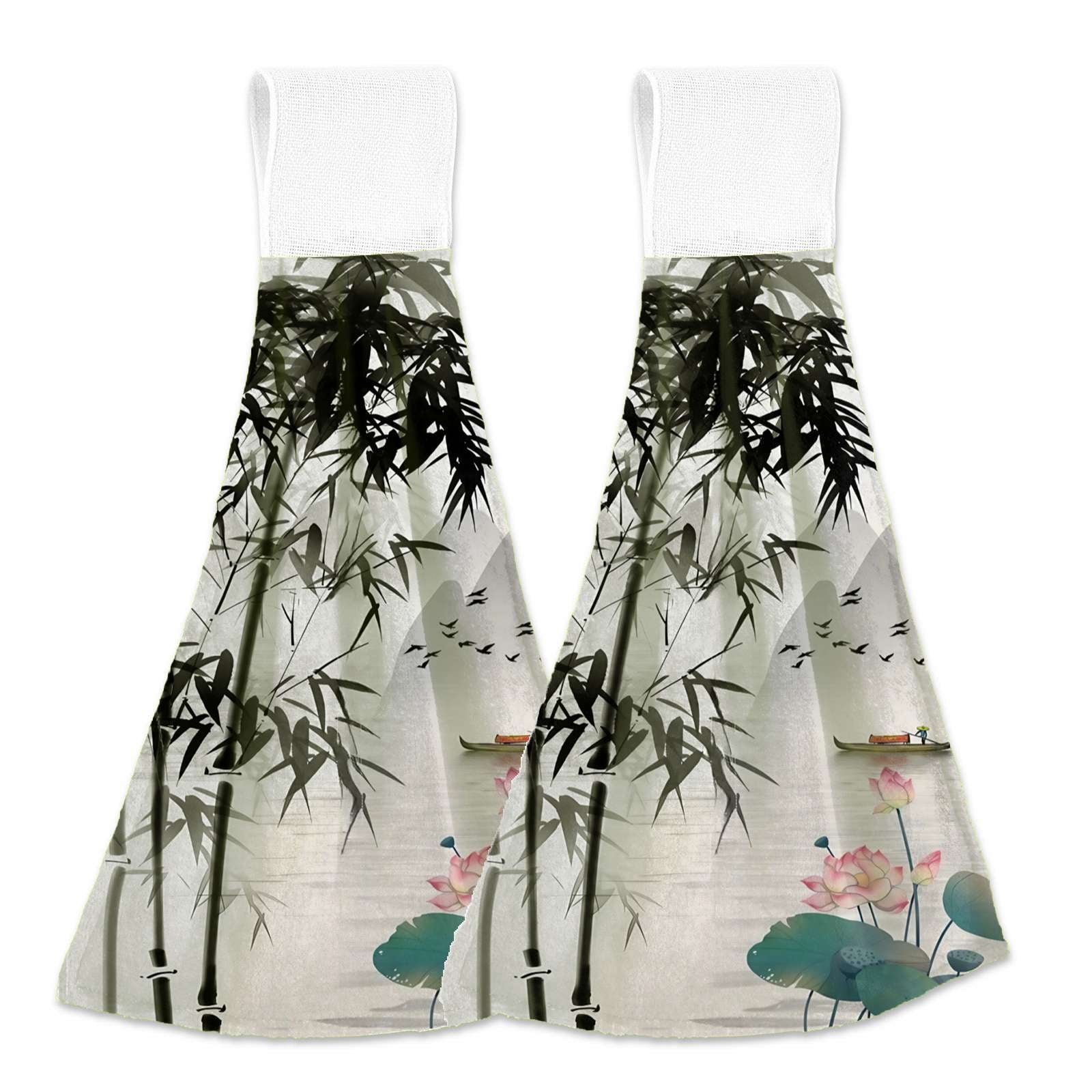 Chinese ink painting bamboo Hanging Kitchen Hand Towels Sets with Loop ...