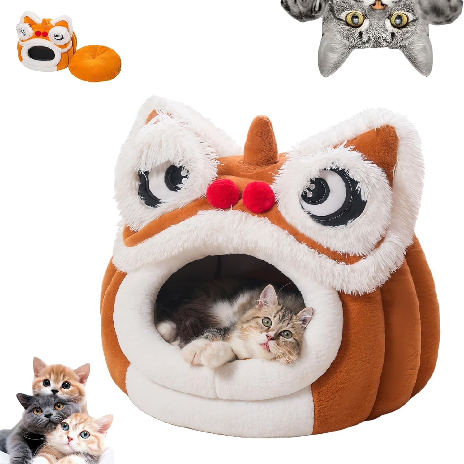 Chinese lion dance cat bed, warm lion head pet bed, removable and ...