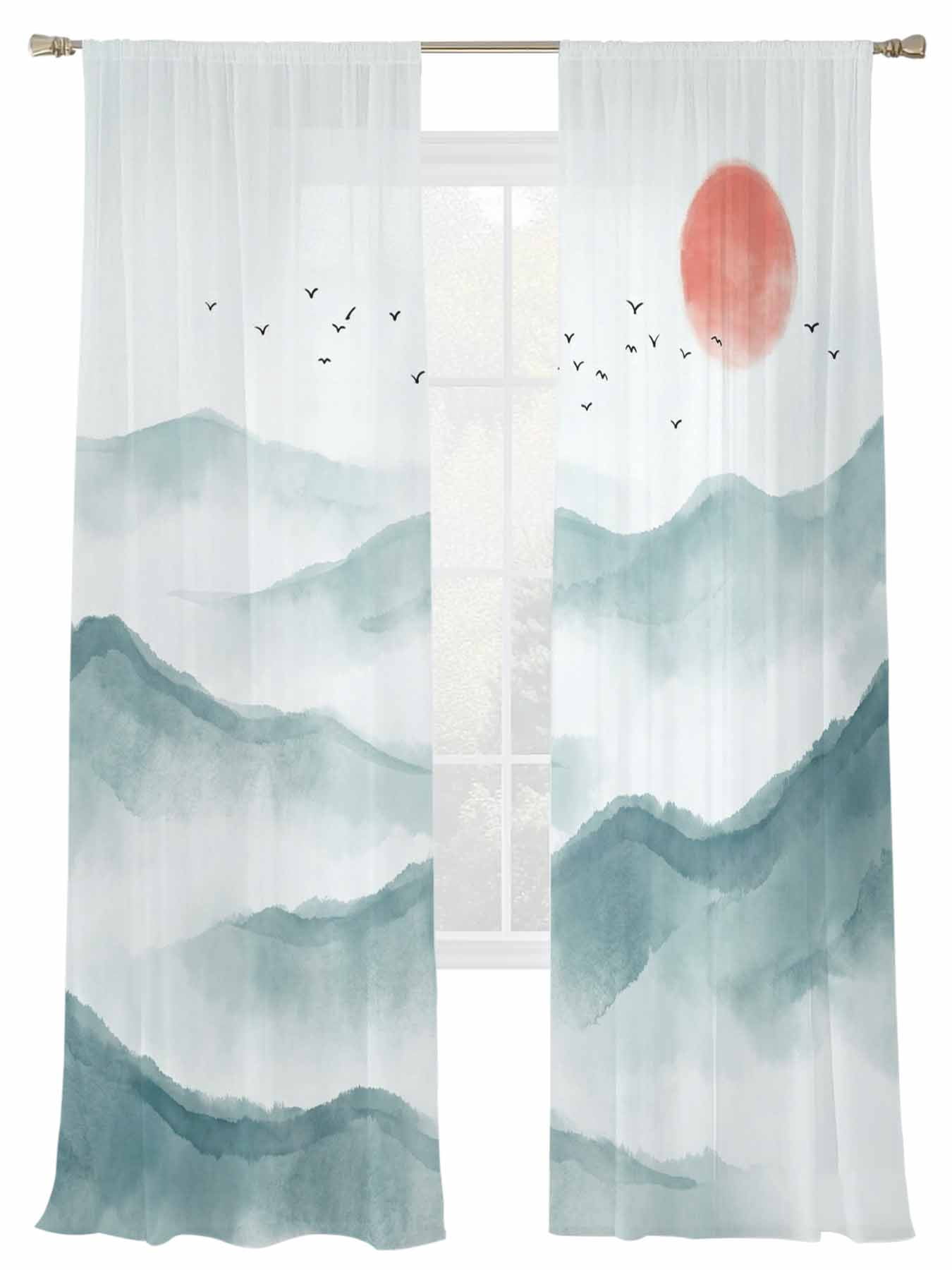 Chinese-style Ink Painting Sheer Curtains 2 Panels Set Traditional ...