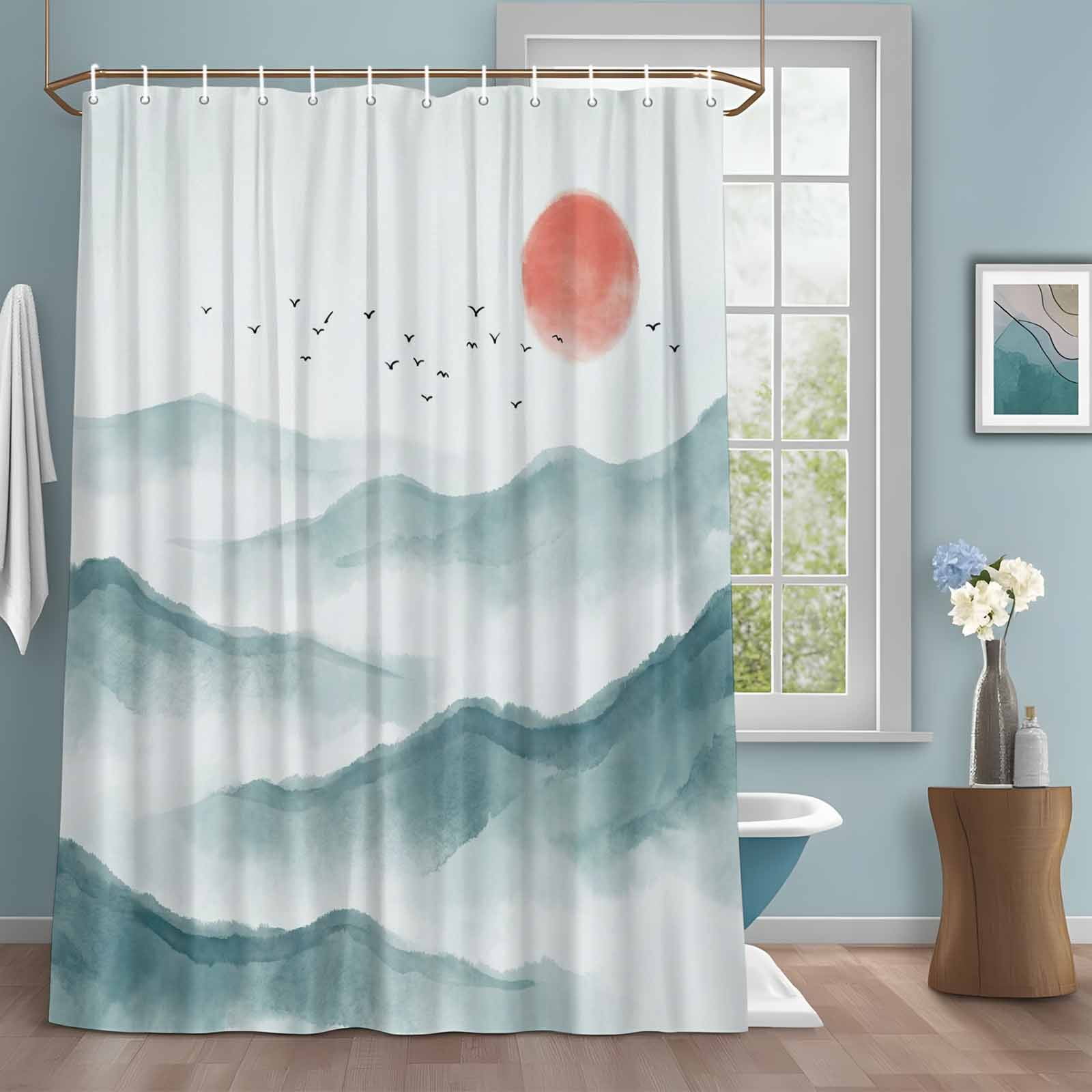 Chinese-style Ink Painting Shower Curtain with Hooks, Traditional ...