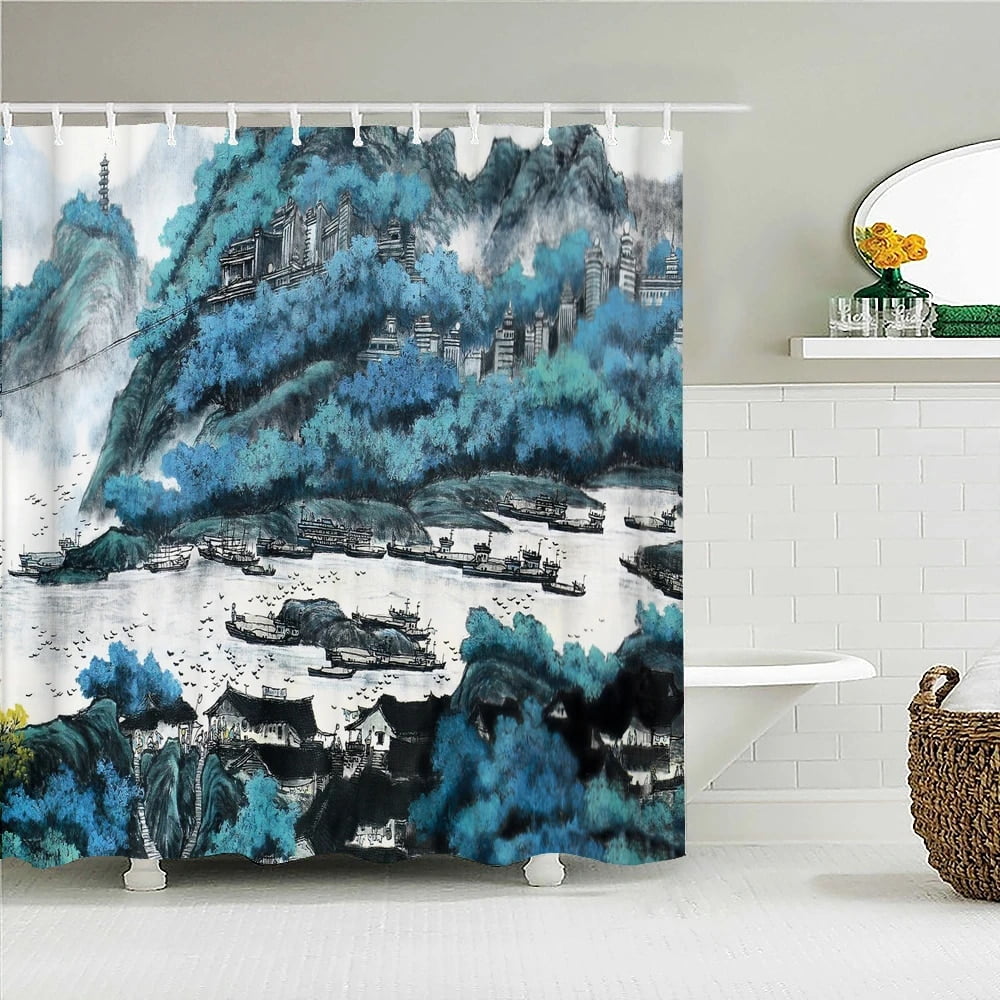 Chinese-style Printed Shower Curtain Waterproof Fabric Bathroom Plum ...