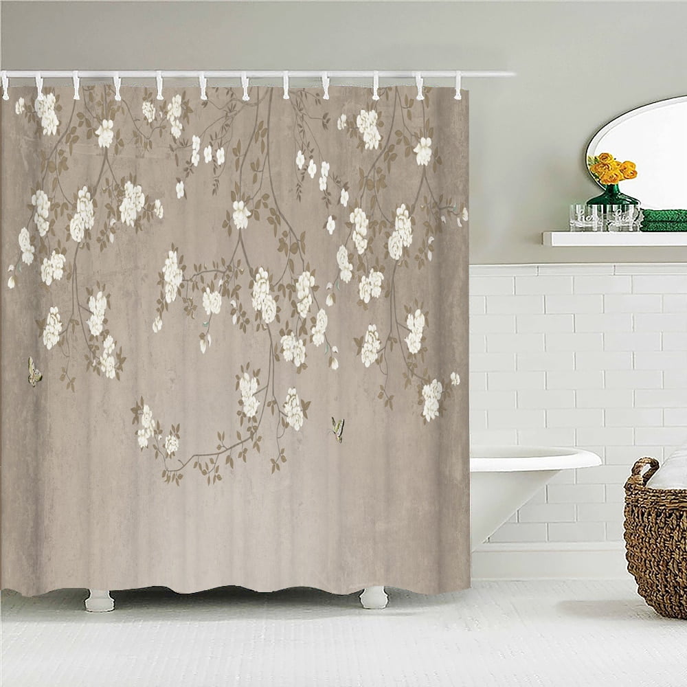 Chinese-style Printed Shower Curtain Waterproof Fabric Bathroom Plum ...