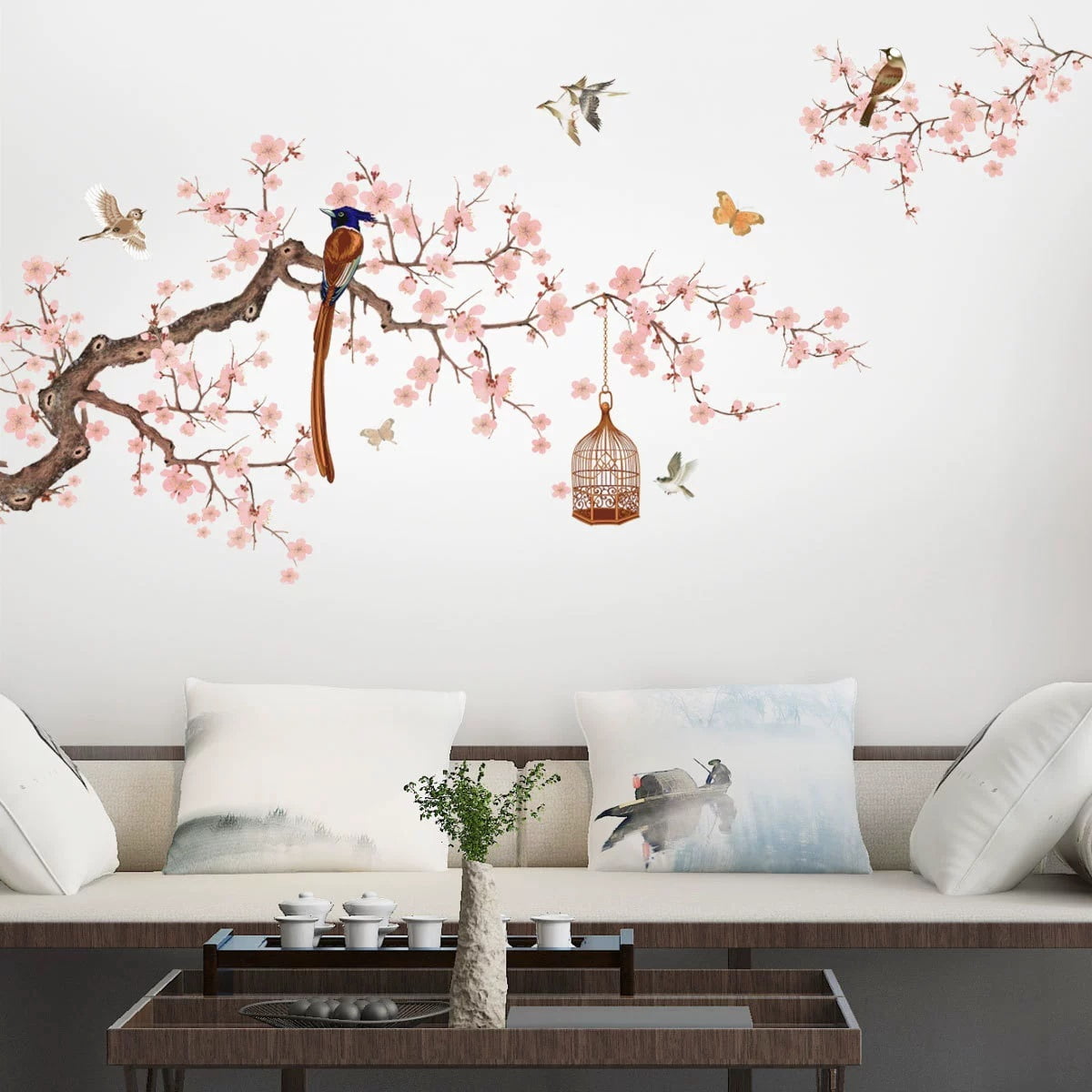 Chinese style flower and bird picture wall stickers living room sofa ...