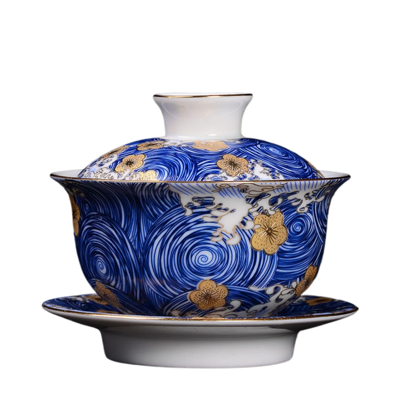 Chinese tea - ware, gaiwan, blue swirling patterns, golden plum ...