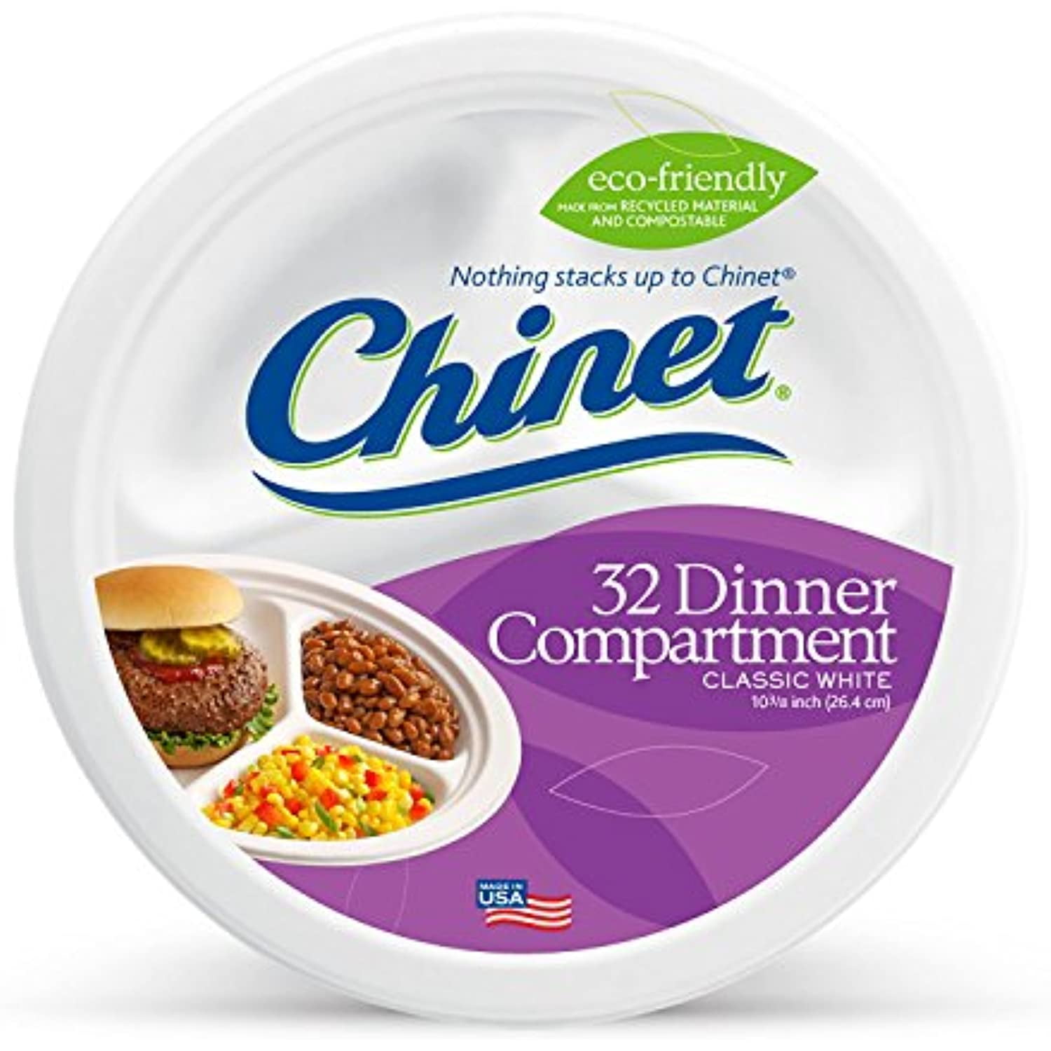 Chinet Classic White Disposable Divided Dinner Plate, 10-3/8 Inch, 32 ...