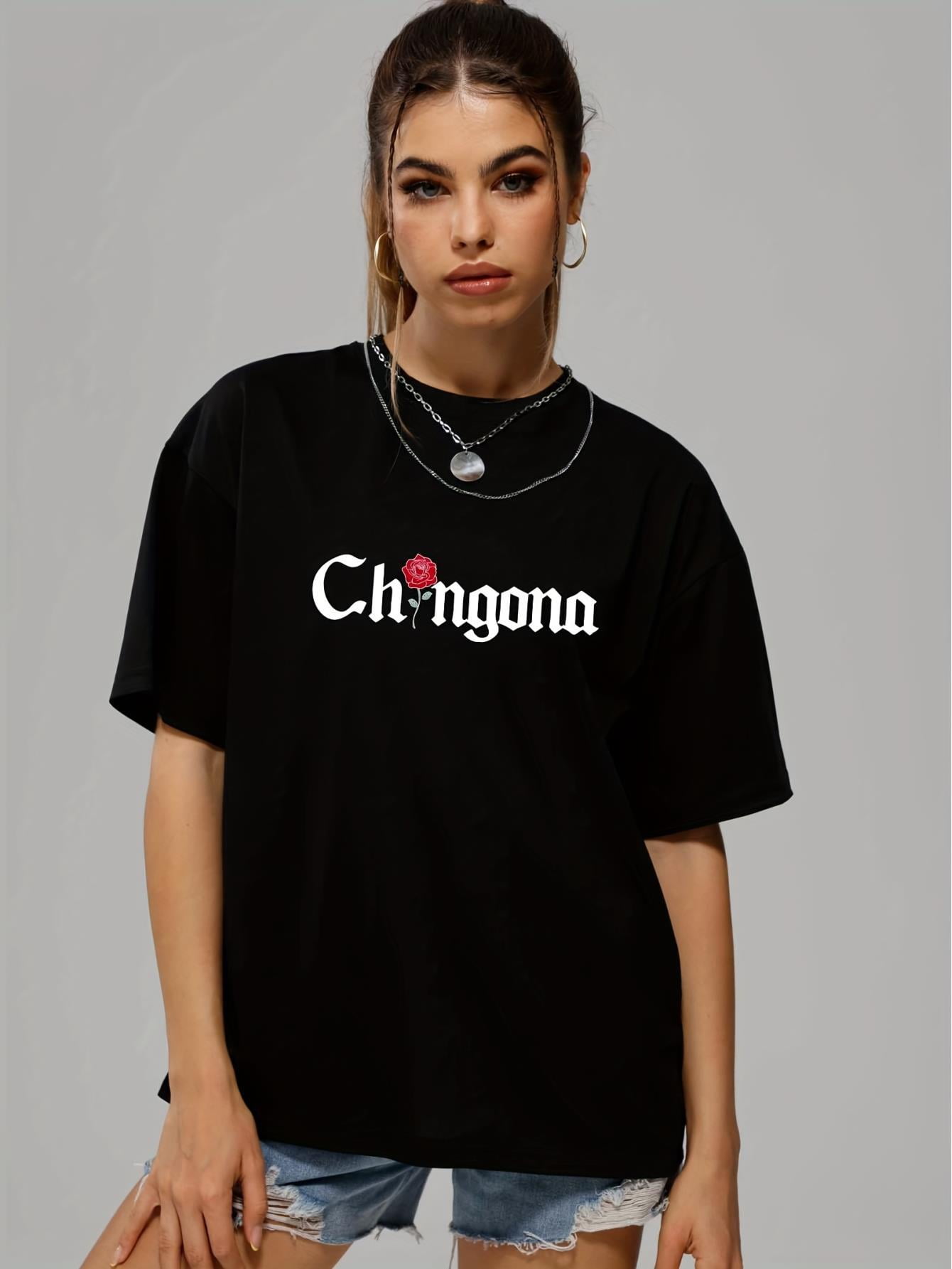 "Chingona" Letter & Red Rose Print Sports T-shirts, Fashionable Short ...
