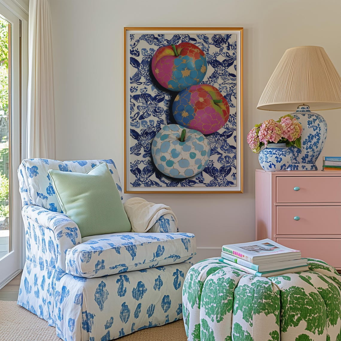 Chinoiserie Apple Wall Art Blue and White Floral Decor, Unframed Canvas ...