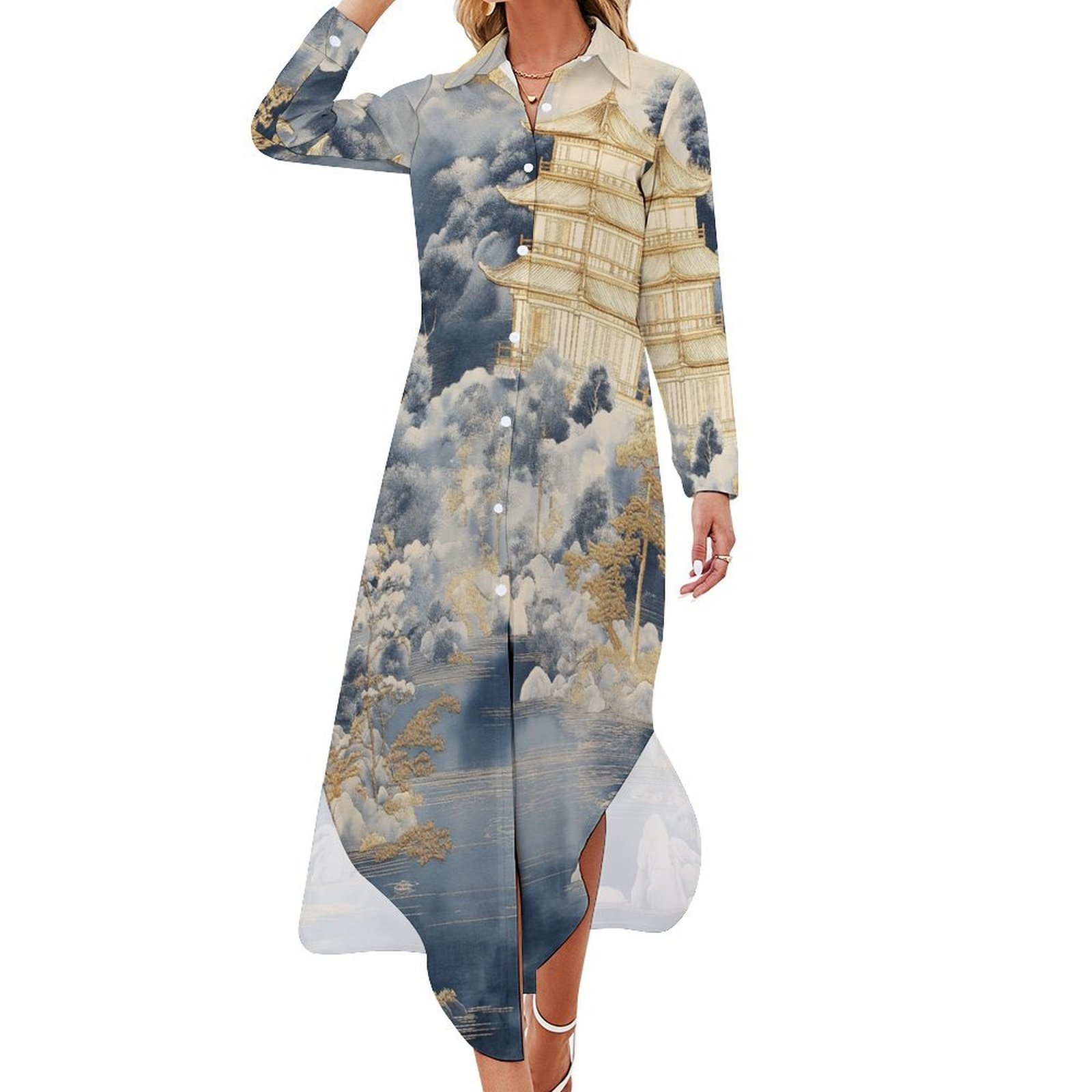 Chinoiserie Architecture Shirt Dress Long Sleeve Street Fashion V Neck ...