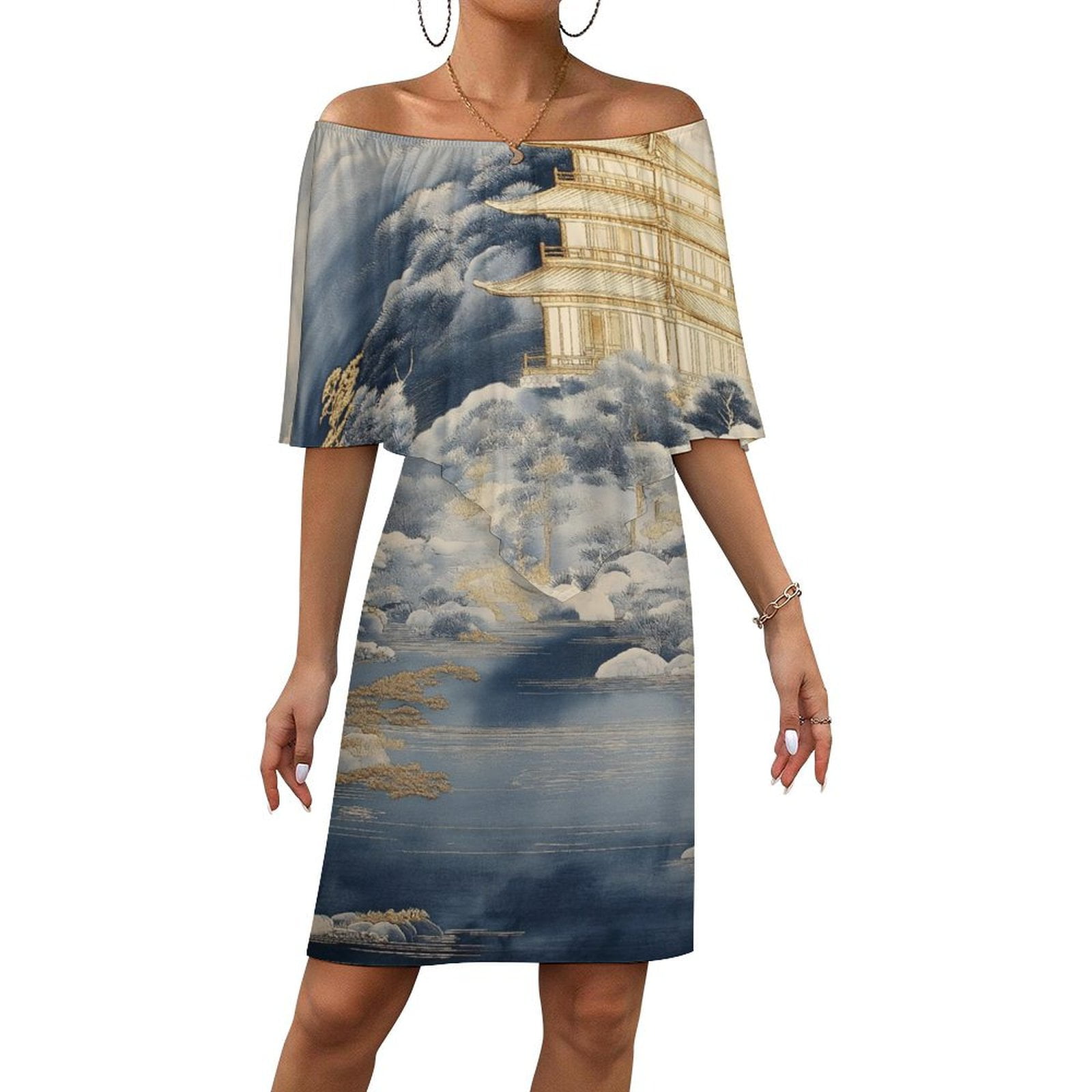 Chinoiserie Architecture Women's Off The Shoulder Ruffles Summer ...