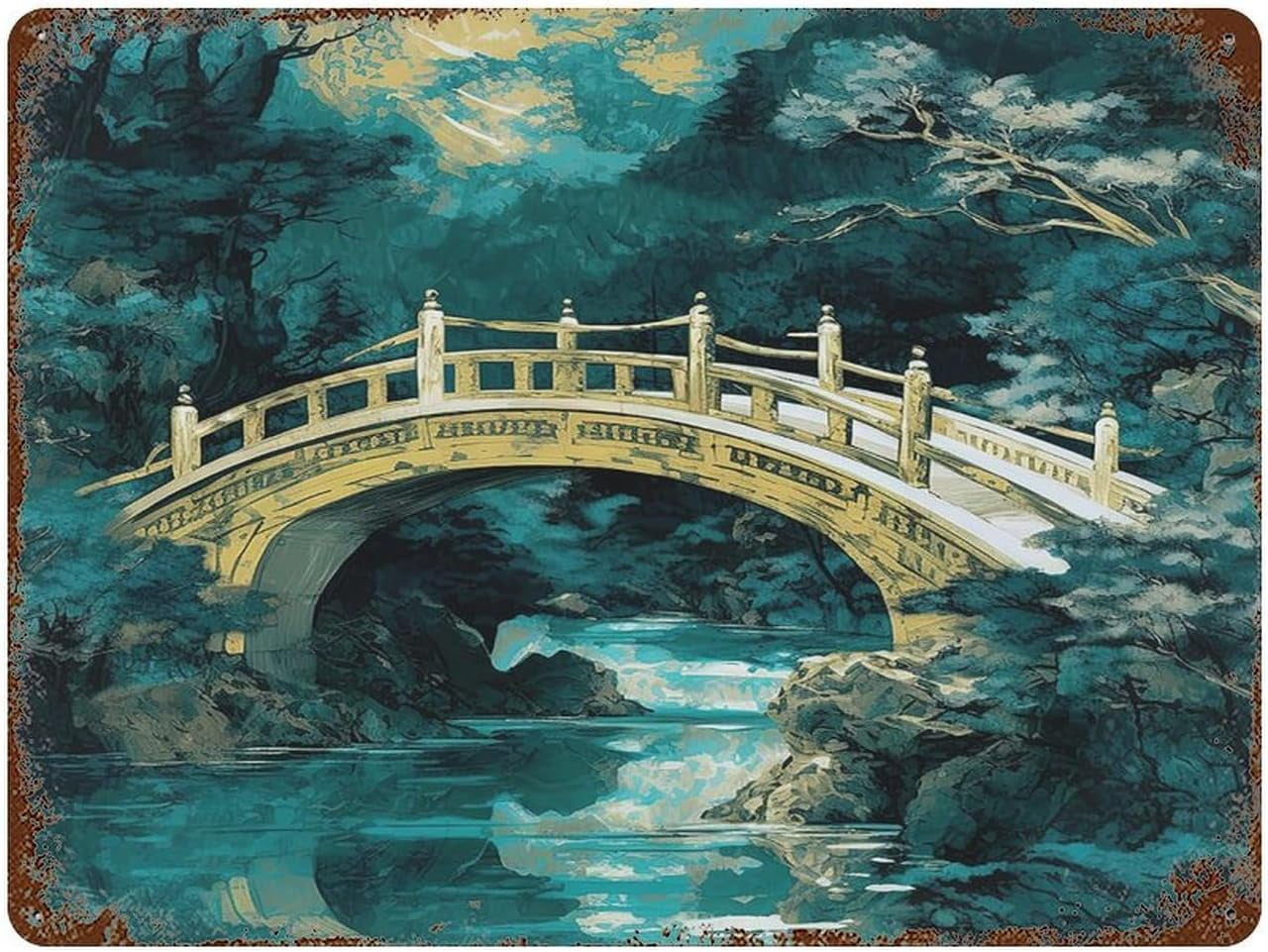 Chinoiserie Asian Pagoda White Blue Metal Signs Outdoor Flower Bird ...