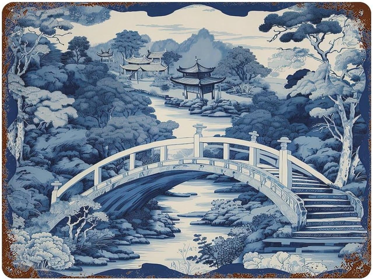 Chinoiserie Asian Pagoda White Blue Retro Metal Wall Decor for Lounge ...
