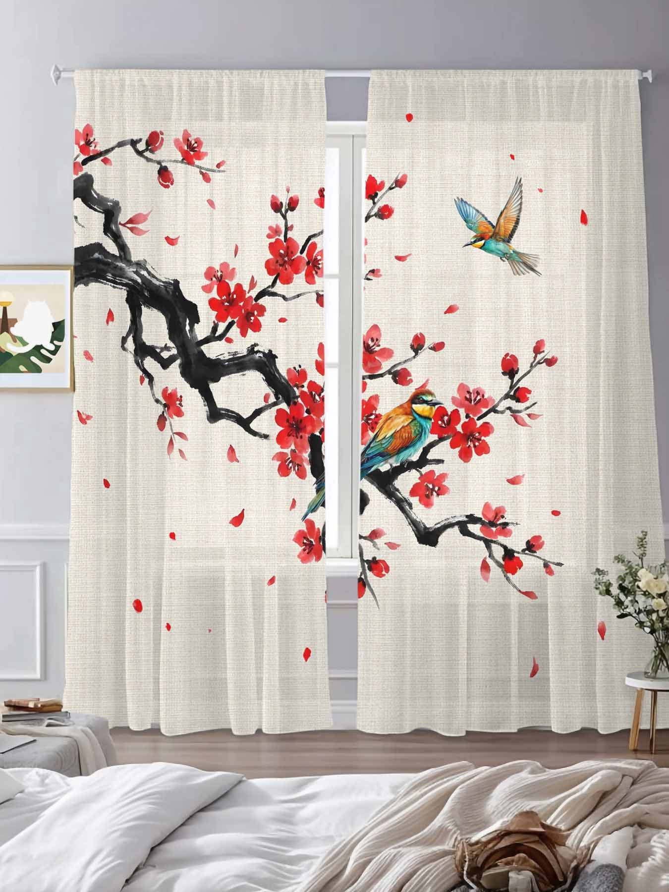 Chinoiserie Bird Red Flower on Linen Sheer Curtains 2 Panels Set Asian ...
