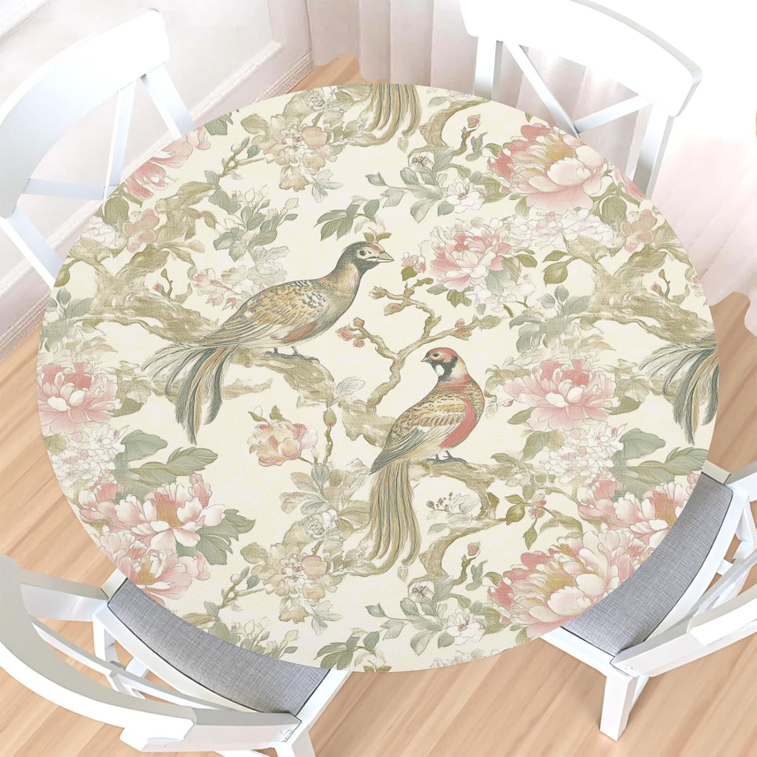 Chinoiserie Bird Round Fitted Tablecloth with Elastic Edge,Water ...