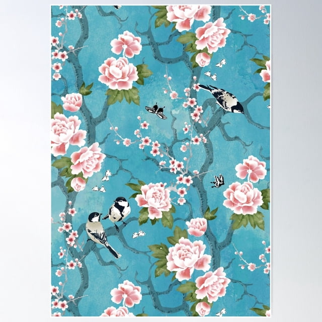 Chinoiserie Birds In Turquoise Blue Poster Wall Art, Modern Wall Decor ...