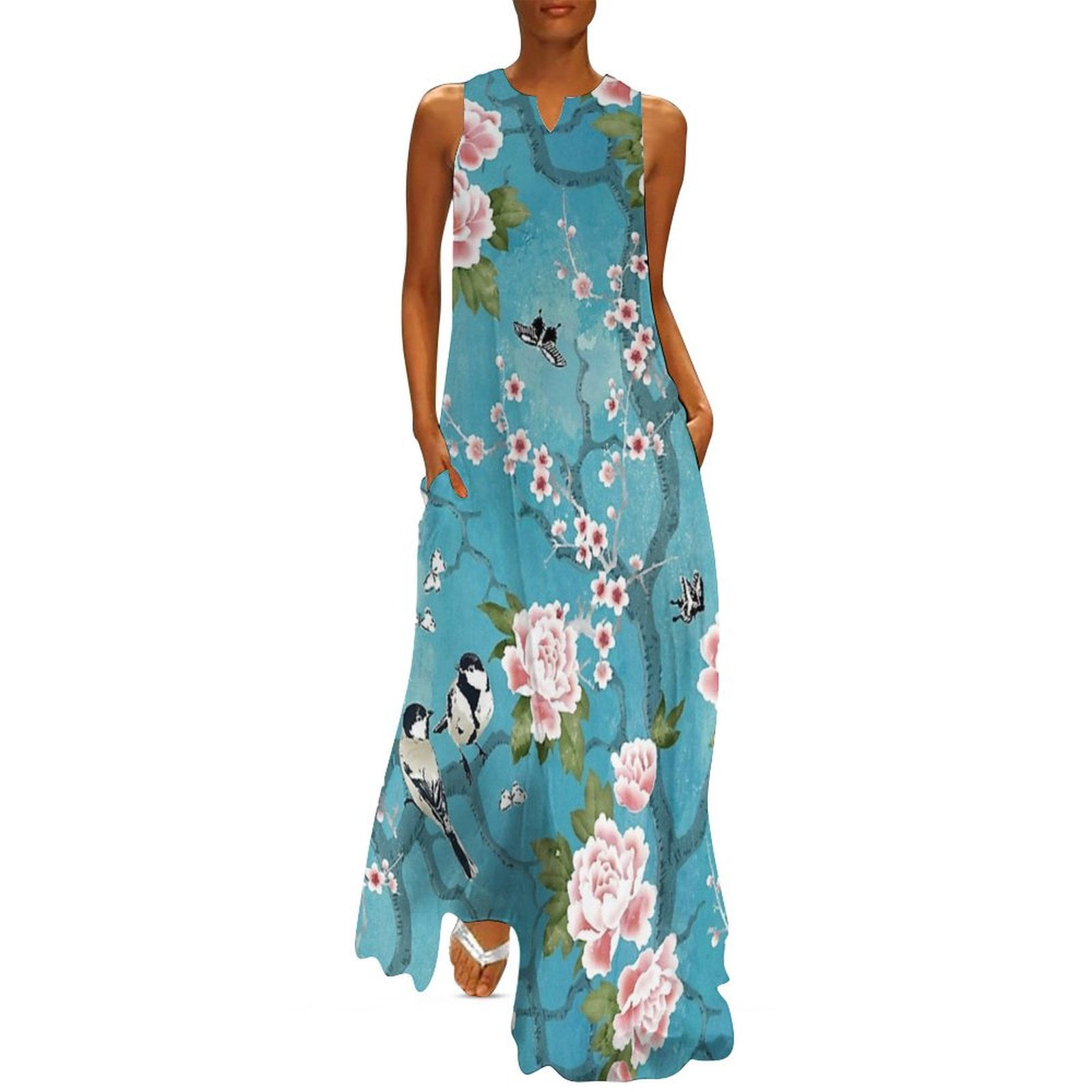 Chinoiserie Birds in Turquoise Blue Long Dress Luxury Woman Evening ...