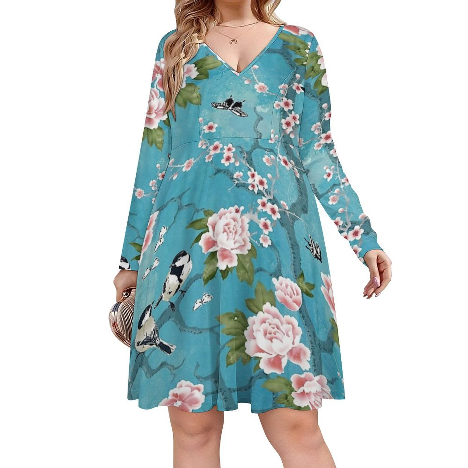 Chinoiserie Birds in Turquoise Blue Long Sleeve Dresses For Women ...