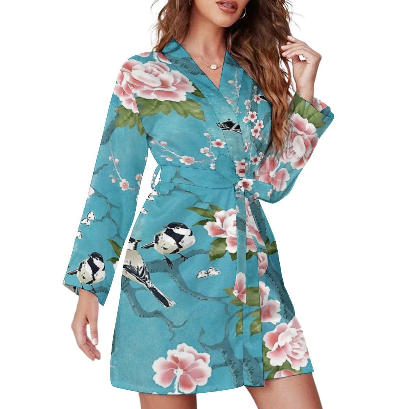 Chinoiserie Birds in Turquoise Blue Night Robe Long Sleeve V Neck Robe ...