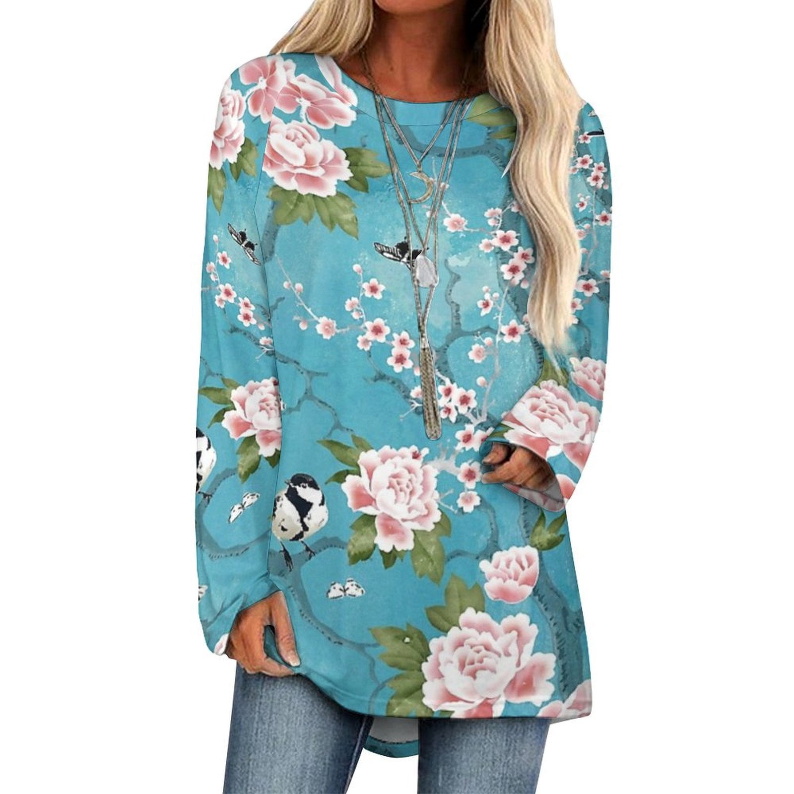 Chinoiserie Birds in Turquoise Blue Plus Size Top Long Sleeve O-Neck T ...