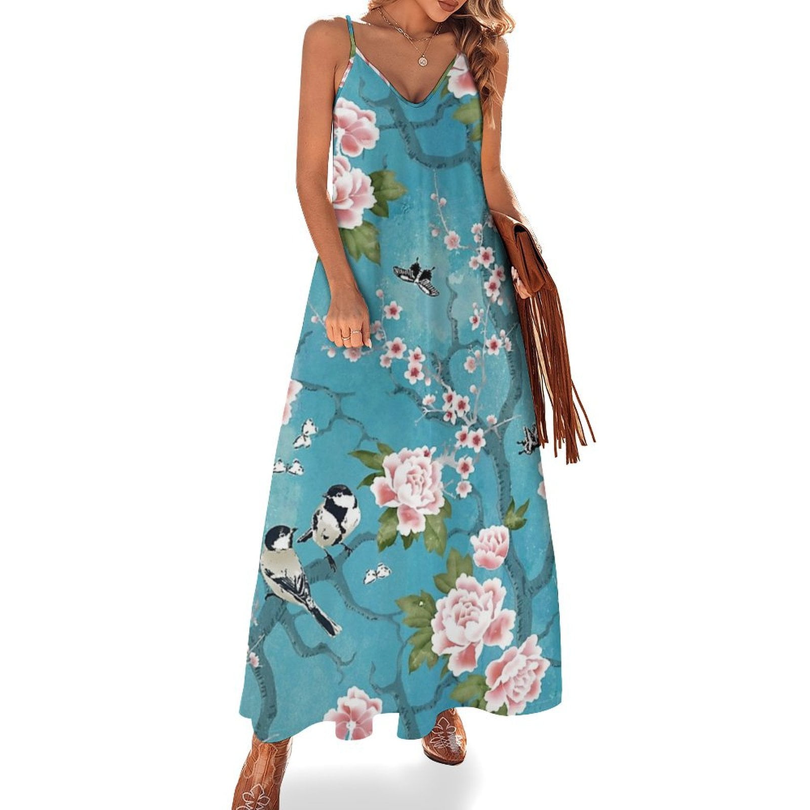 Chinoiserie Birds in Turquoise Blue Sleeveless Dress loose women's ...