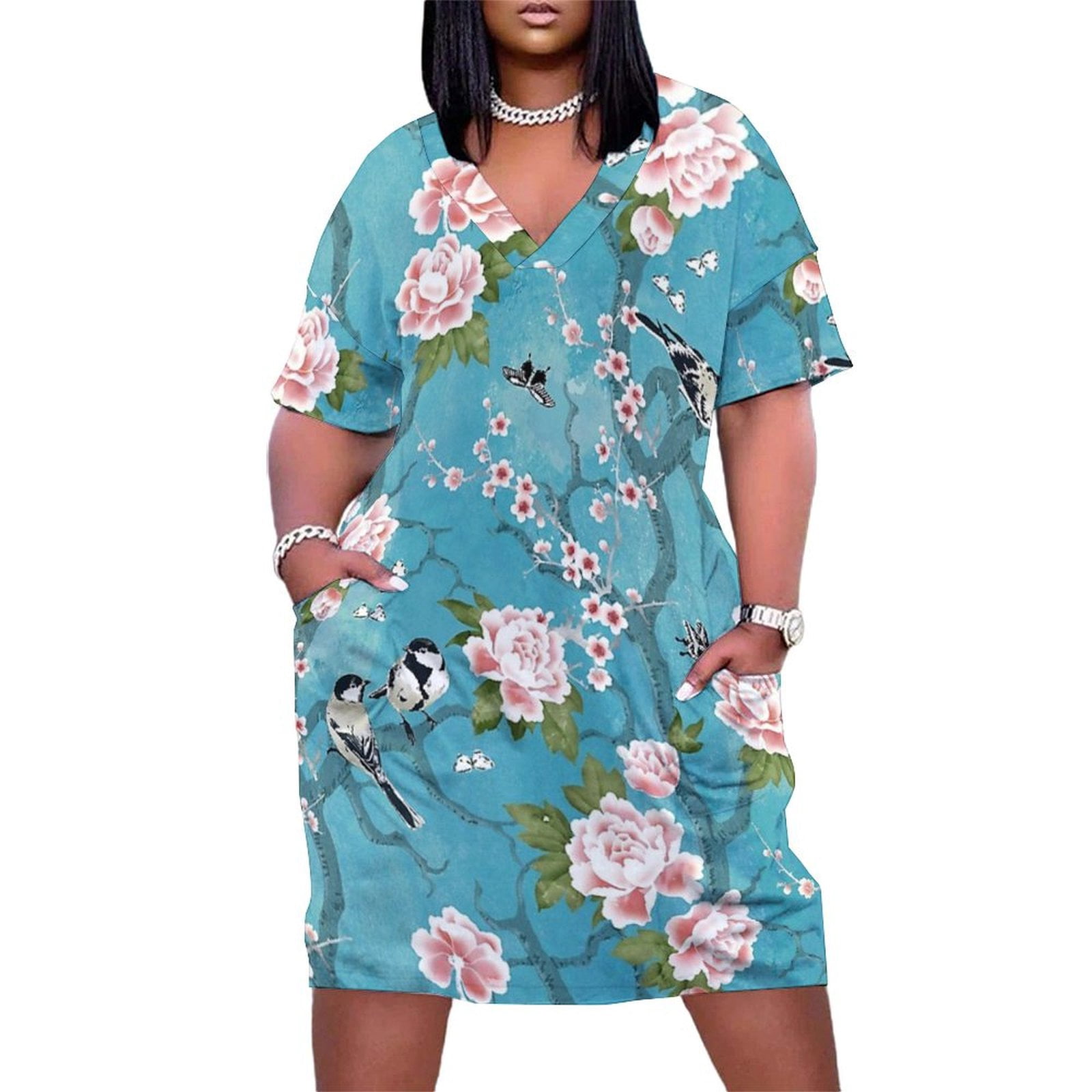 Chinoiserie Birds in Turquoise Blue Summer Dresses for Women Plus Size ...