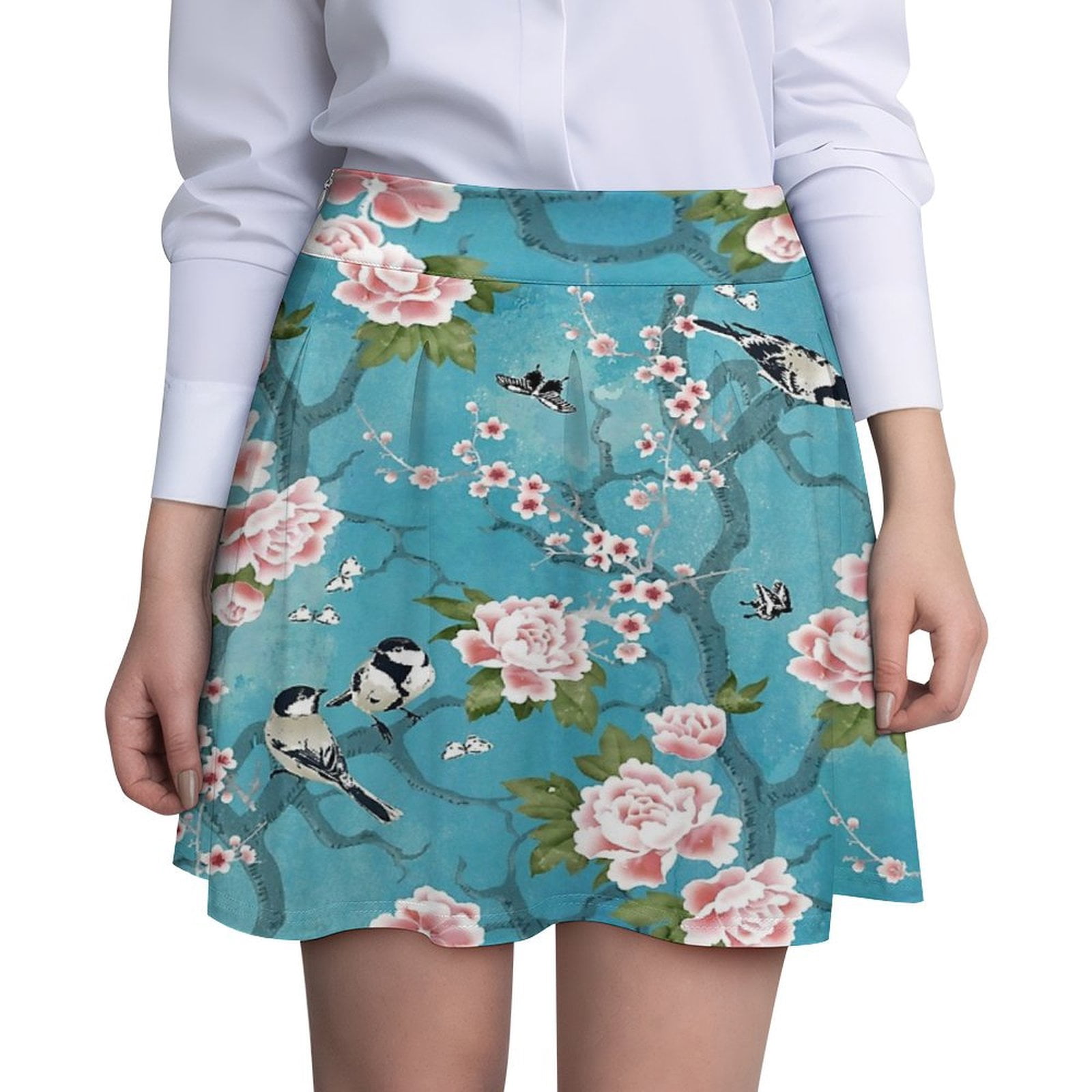 Chinoiserie Birds in Turquoise Blue Women's Casual Mini Skirt Invisible ...