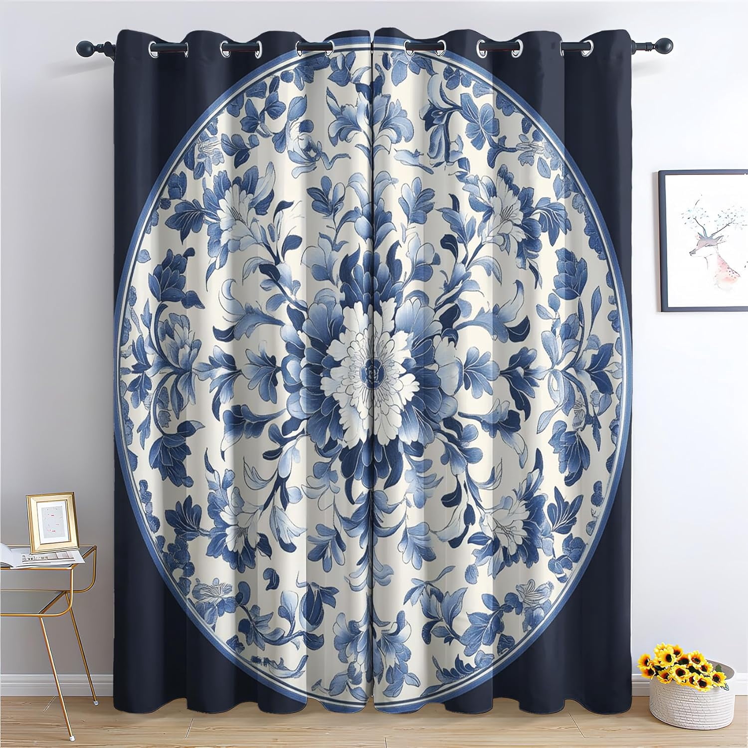 Chinoiserie Blackout Curtains, Thermal Insulated Room Darkening Grommet ...