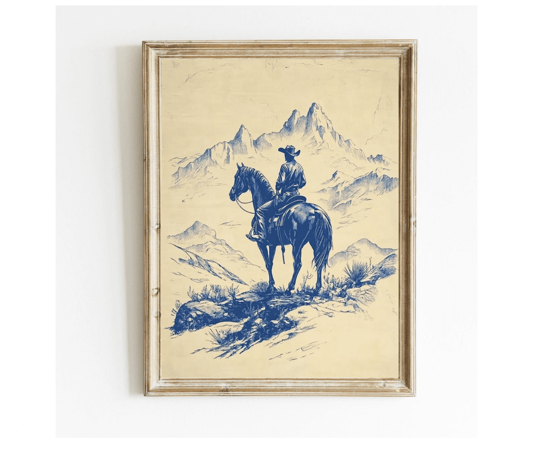 Chinoiserie Blue Cowboy Horse Western Poster Home Decor Office Wall Art ...