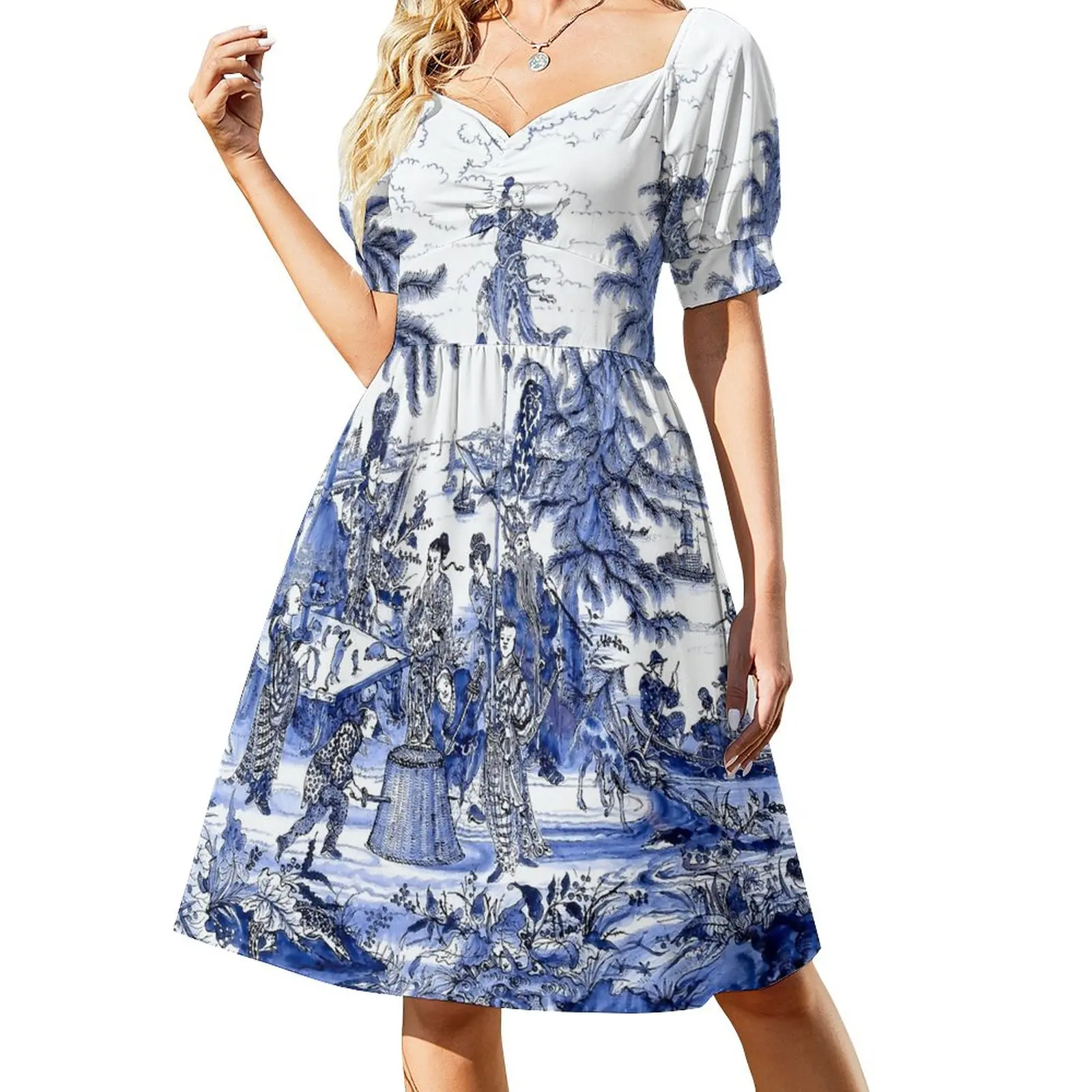 Chinoiserie Blue Landscape Scene Sleeveless Dress Dance dresses chic ...
