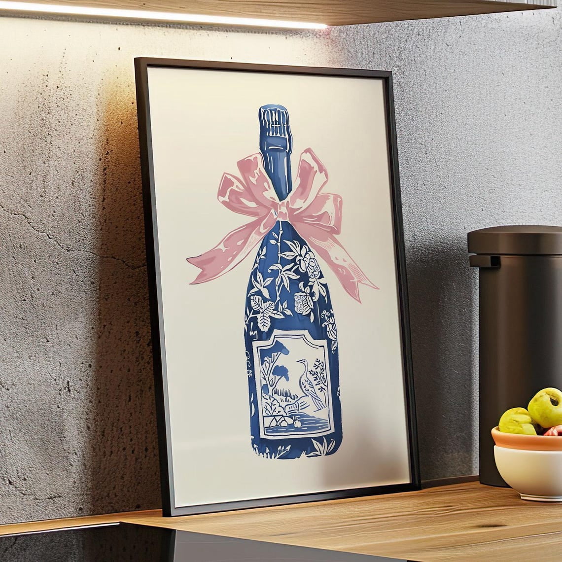 Chinoiserie Bottle Ribbon Wall Art Blue White Pink Decor, Unframed ...