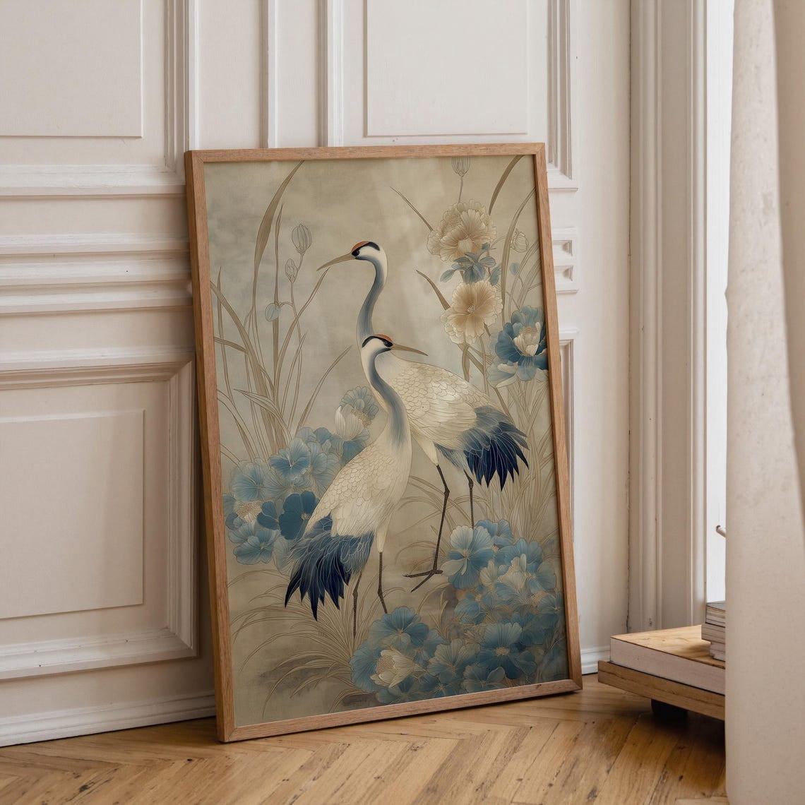 Chinoiserie Crane Blue Beige Floral Asian Inspired Poster Unframed ...