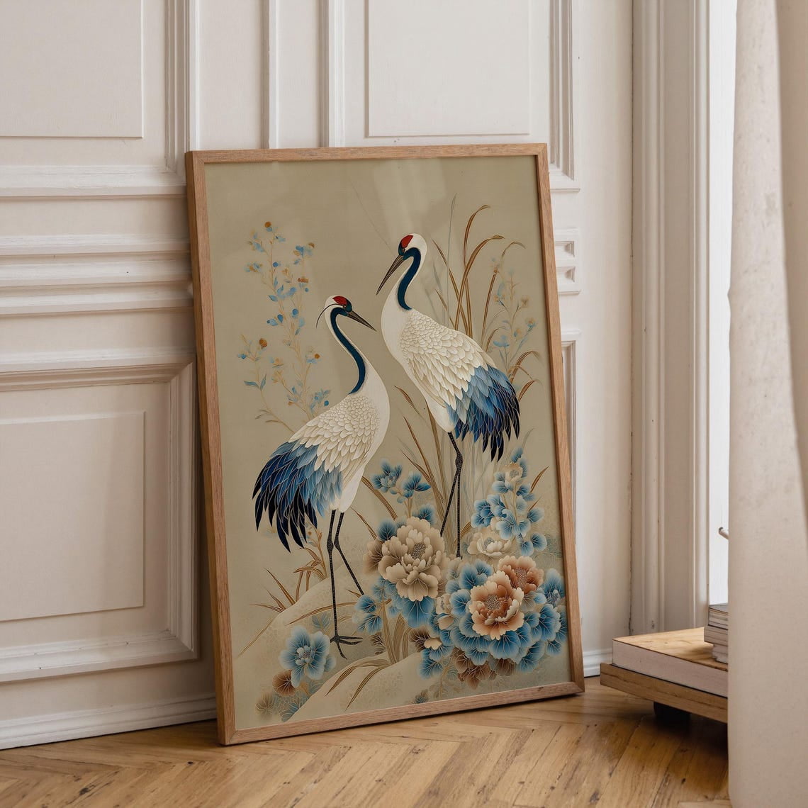 Chinoiserie Crane Blue Beige Floral Asian Inspired Wall Art, Stretched ...
