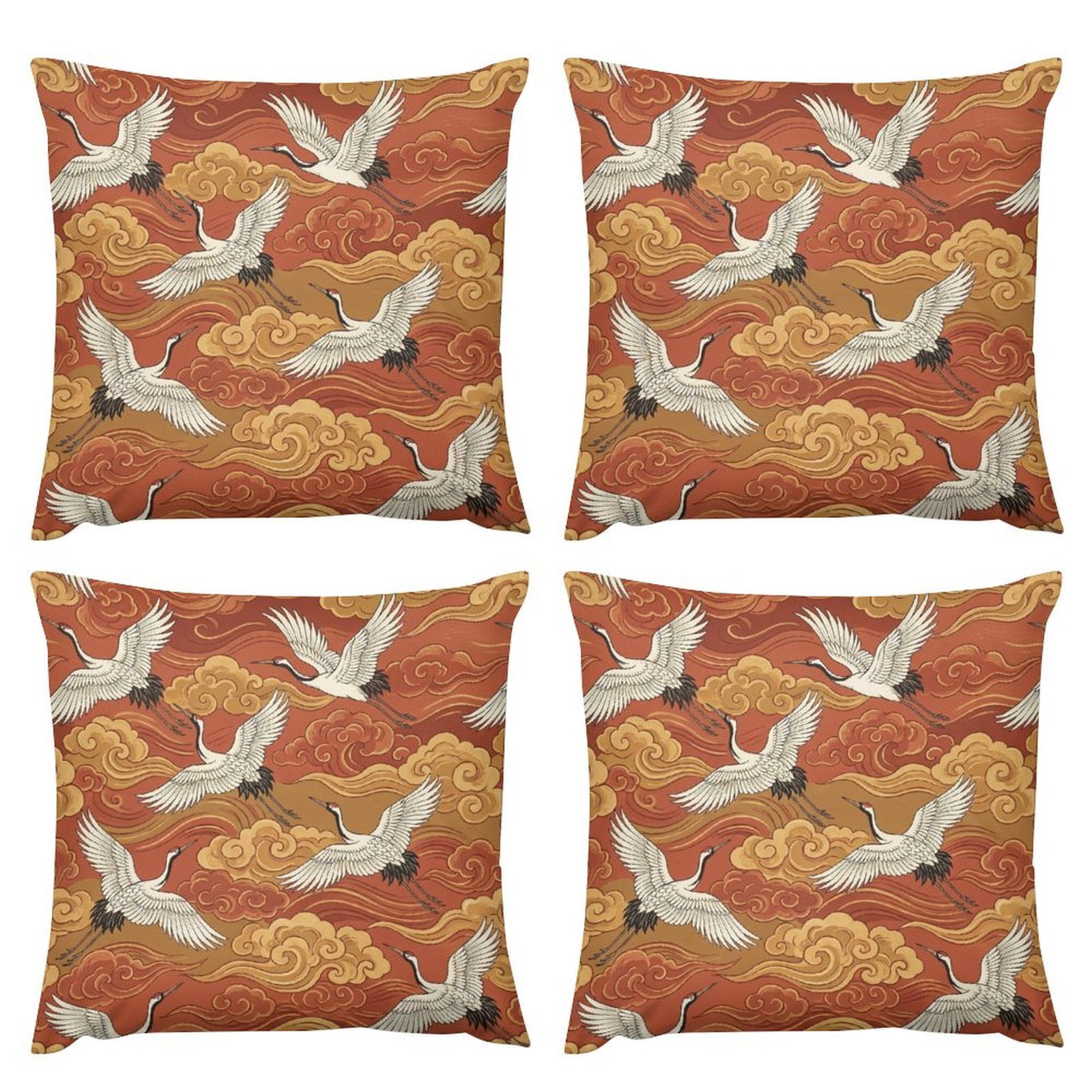 Chinoiserie Crane Golden & Red Pillow Cases Set of 4, 18x18 Inch, Super ...