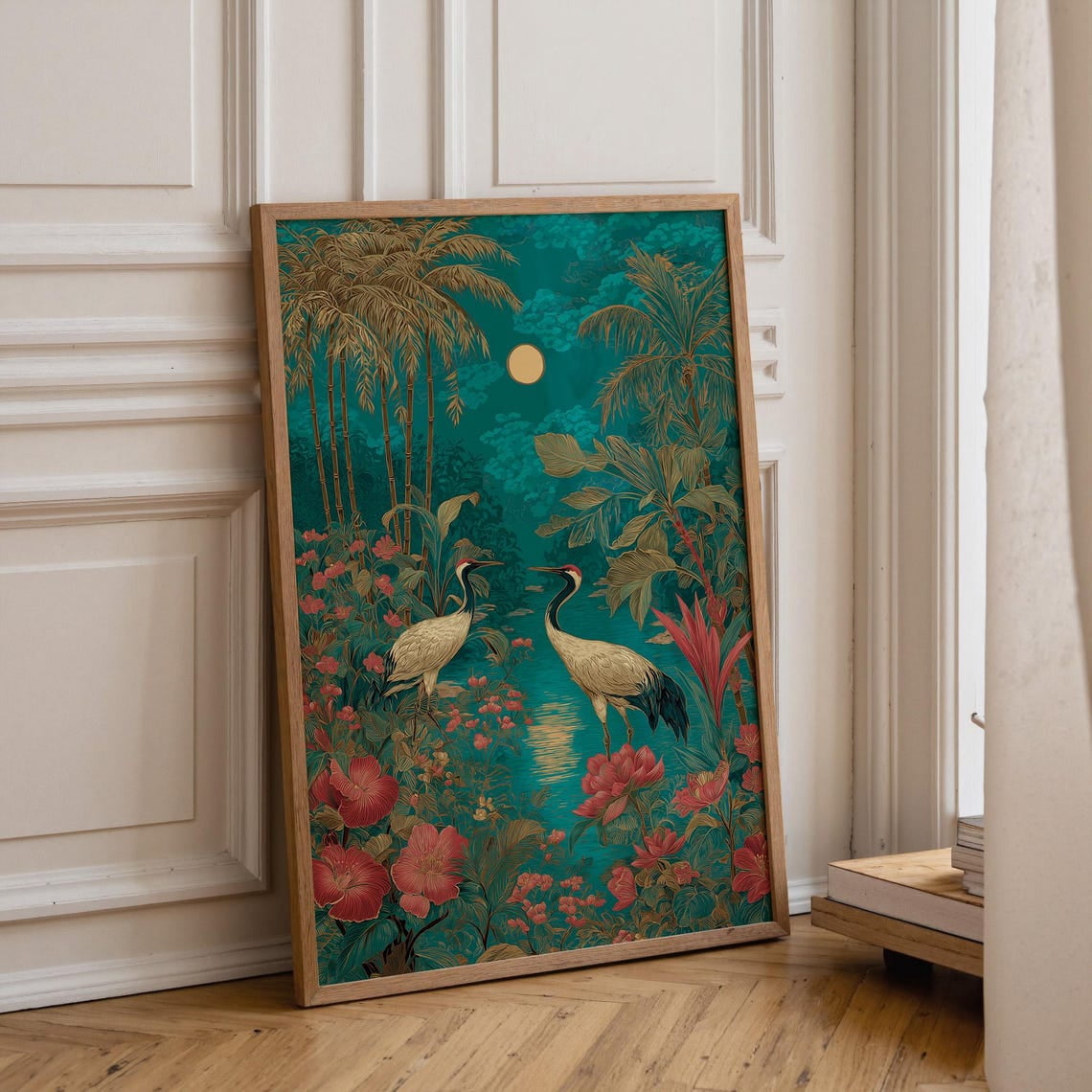 Chinoiserie Crane Teal Asian Landscape Oriental Birds Japanese Style ...