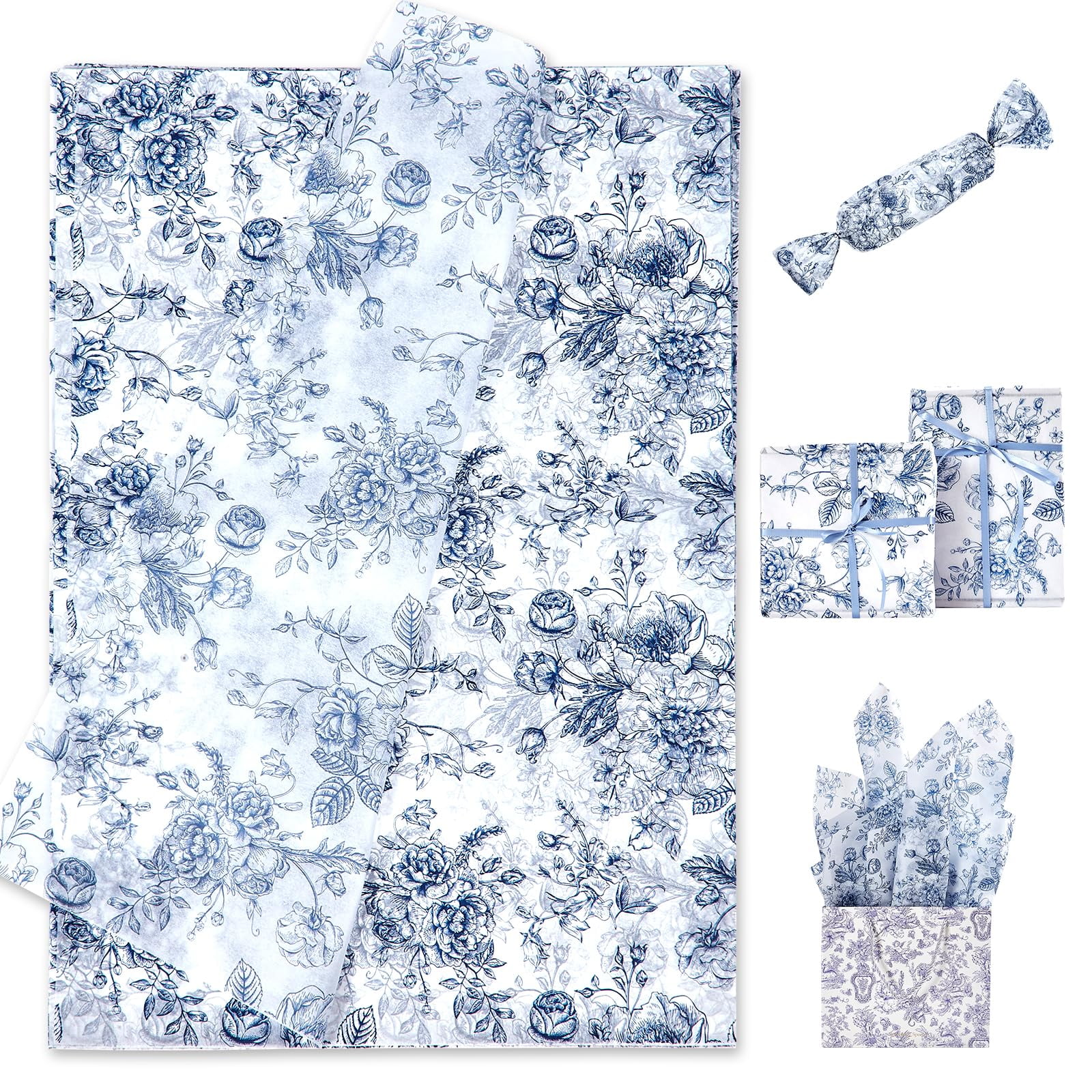 Chinoiserie Floral Tissue Paper, Vintage Blue White Peony Pattern, Bulk ...