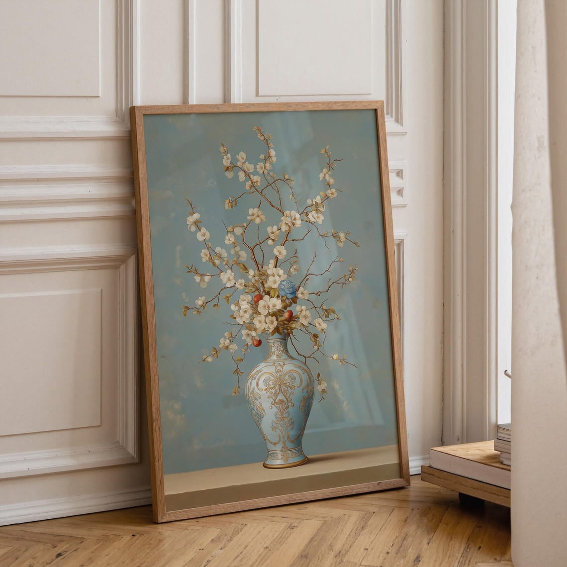 Chinoiserie Floral Vase Blue Botanical Wall Art Poster Unframed Paper ...