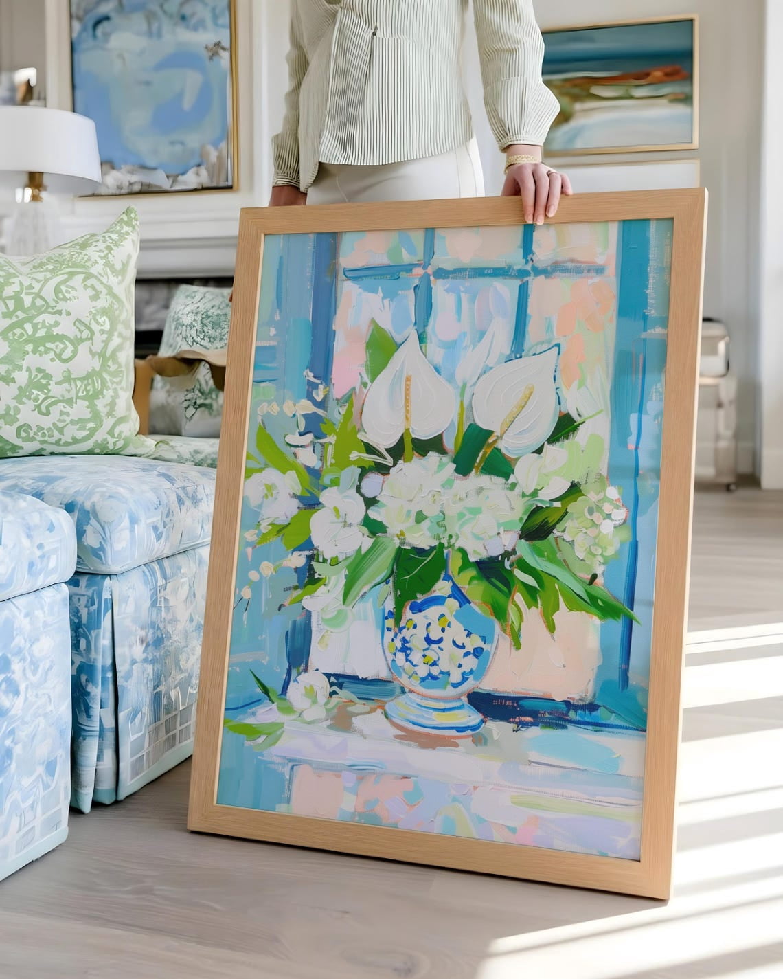 Chinoiserie Floral White Anthurium Coastal Window Blue Grandmillennial ...