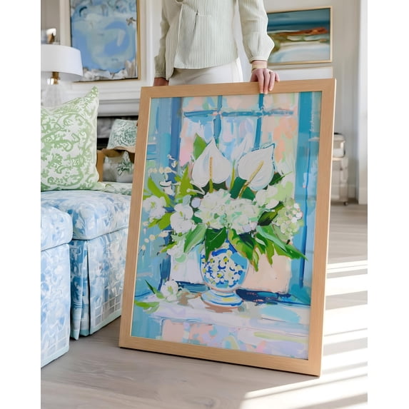Chinoiserie Floral White Anthurium Painting Coastal Window Blue White ...
