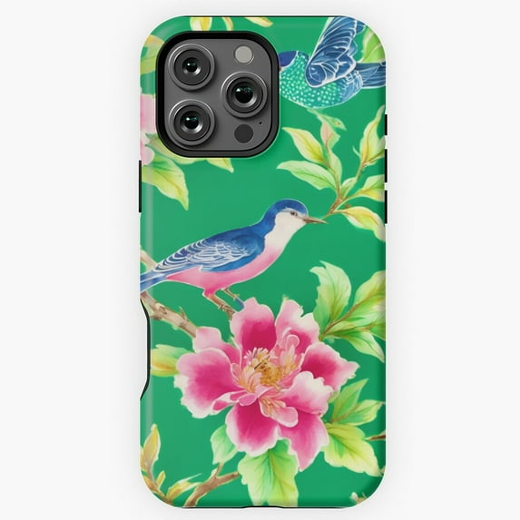 Chinoiserie Flowers and Birds on Emerald Green Phone Case Compatible ...