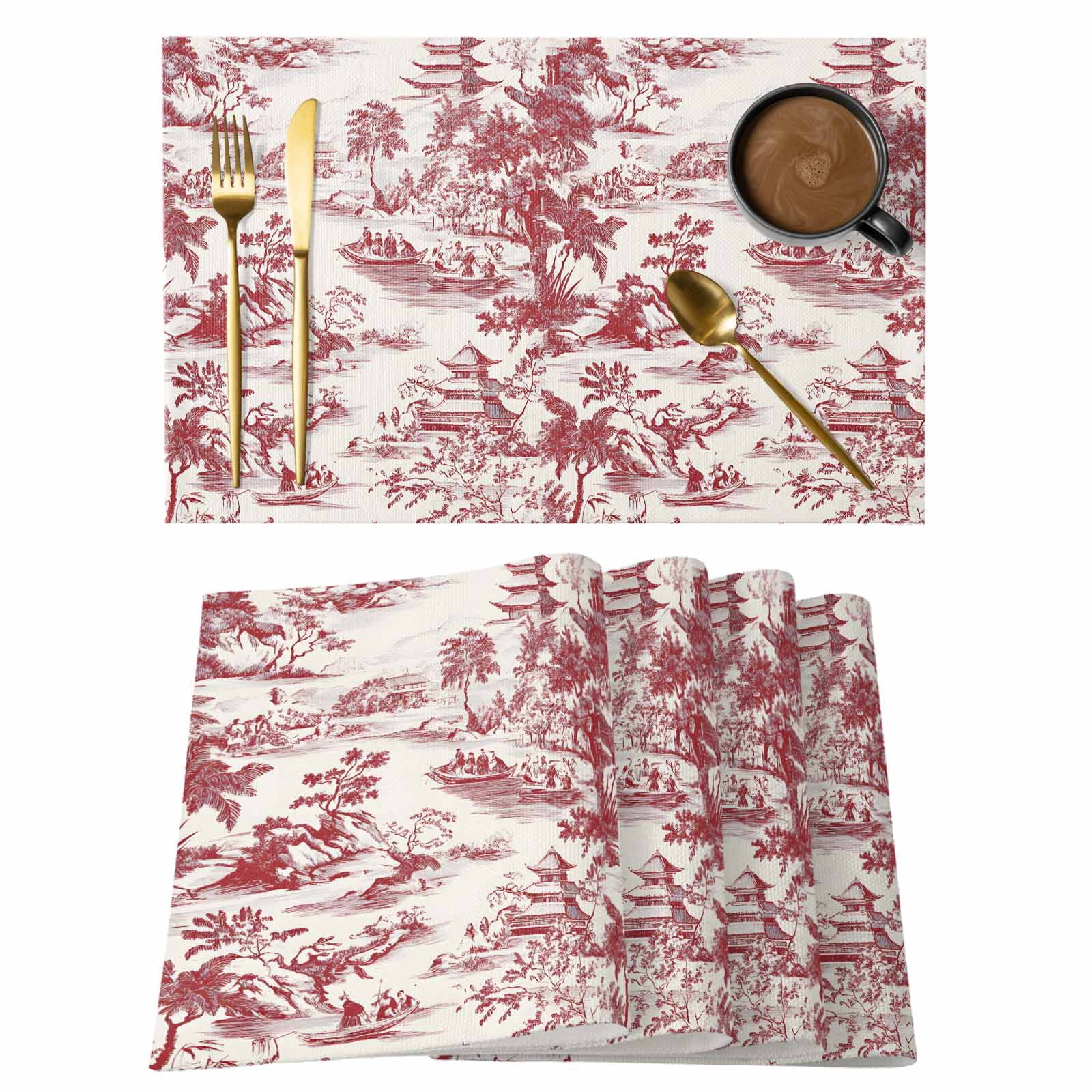 Chinoiserie Garden Asian Scenic Placemats Set of 6,Wipeable Washable ...