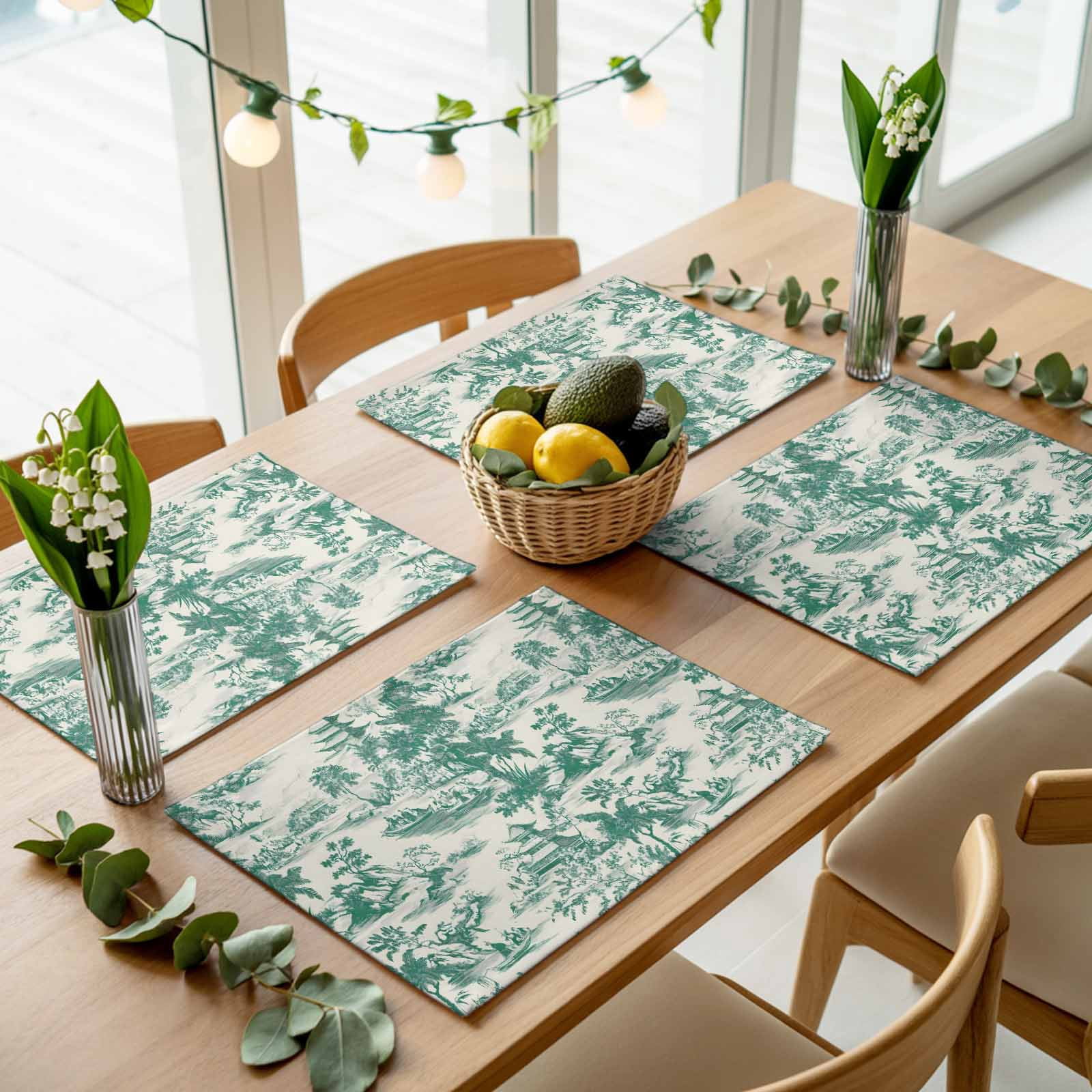 Chinoiserie Green Garden Scenery Placemats Set of 4,Wipeable Washable ...