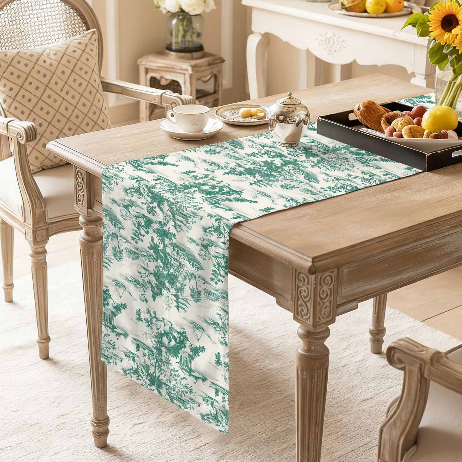 Chinoiserie Green Garden Scenery Table Runner 13x90in Non-Slip Cotton ...